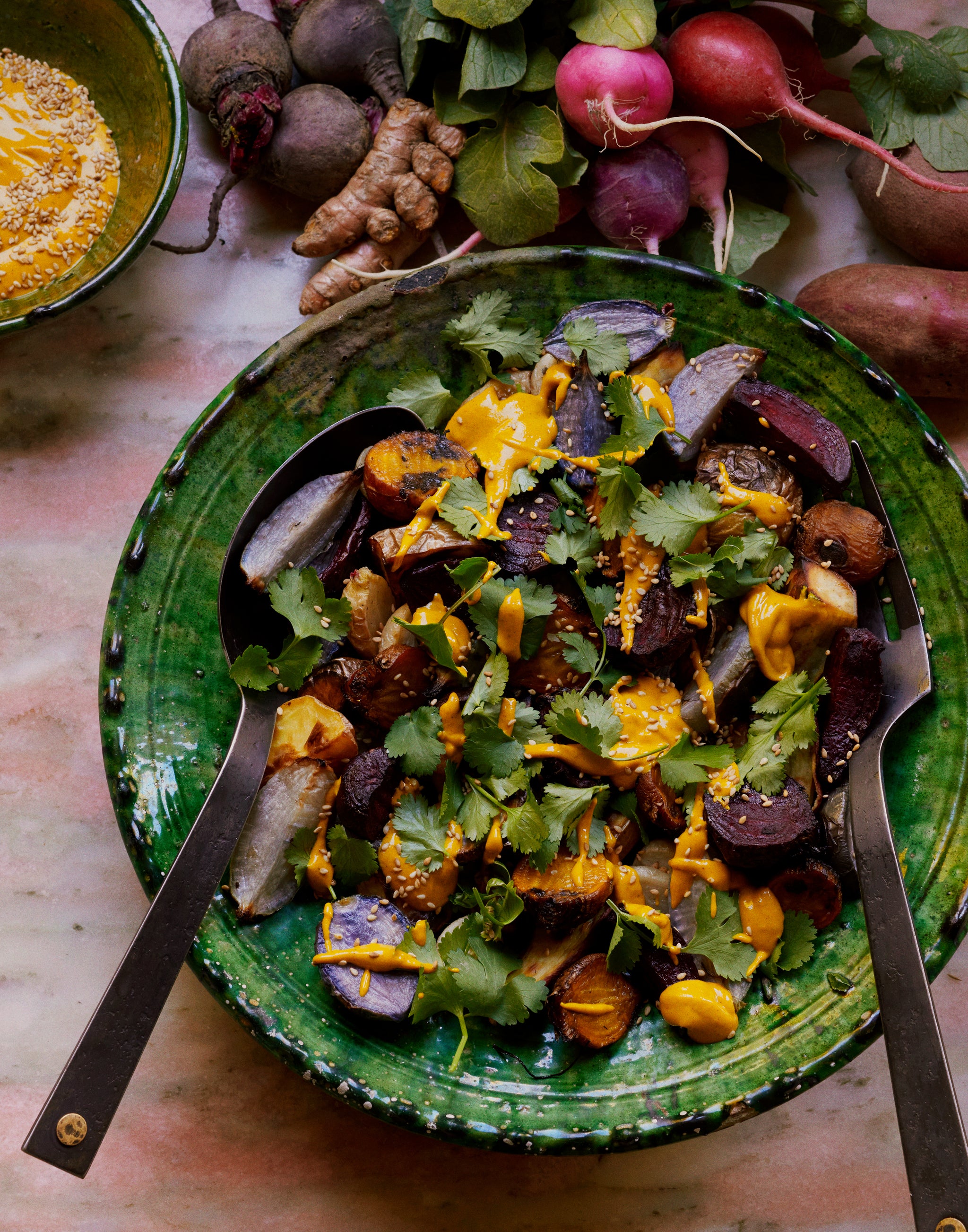 Roasted Roots with Turmeric-Tahini Dressing – Flamingo Estate