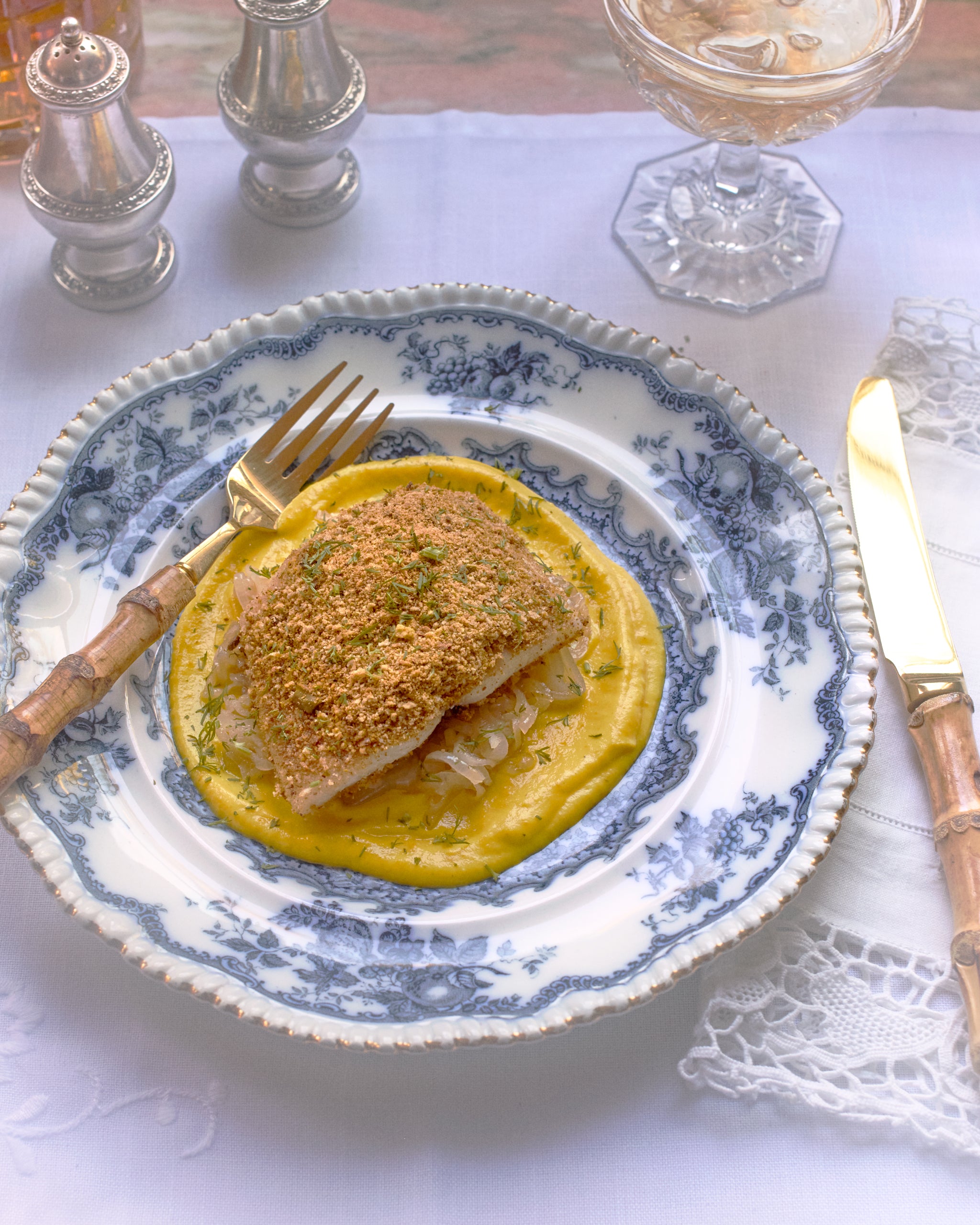 Pistachio Crusted Fish with Melted Shallots, Turmeric Celeriac and Cau ...