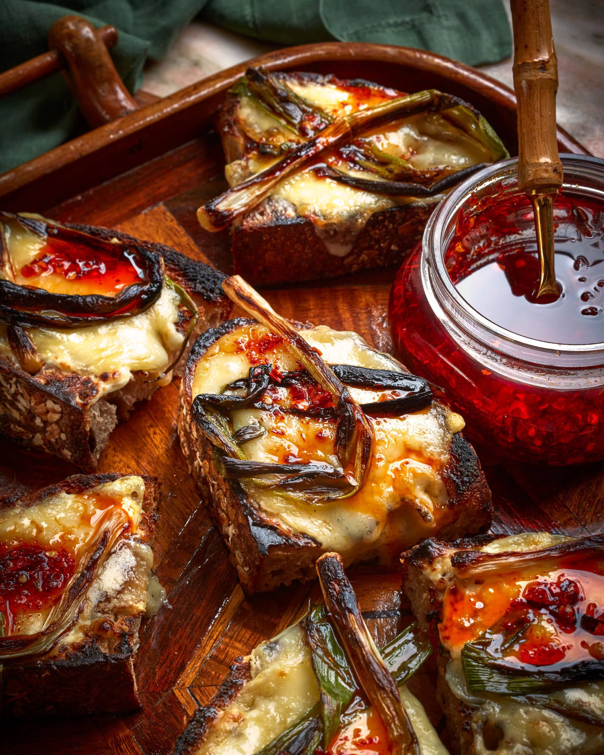 Grilled Raclette & Crispy Scallion Toast with Chili Crisp – Flamingo Estate